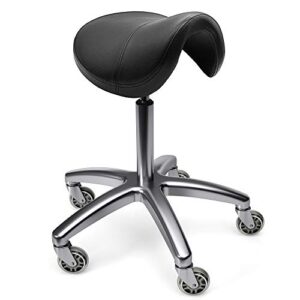 tasalon saddle stool – ergonomic saddle chair – comfortable saddle stool with wheels – swivel salon cutting stool for kitchen, salon, spa, tattoo, pedicure, massage -esthetician chair – black