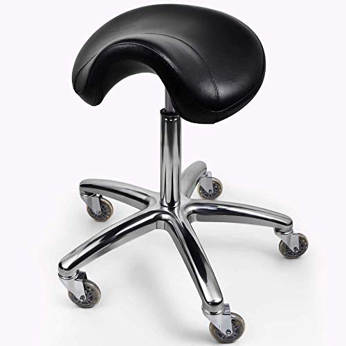 Professional Salon spa Saddle Chair and Rolling Saddle Stool. The Saddle Chair has Wheels, Luxurious Cushion and a Solid Metal Skeleton