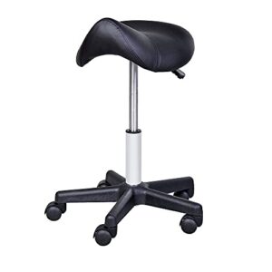 homcom rolling saddle stool, swivel salon chair, ergonomic faux leather stool, adjustable height with wheels for spa, salon, massage, office, black