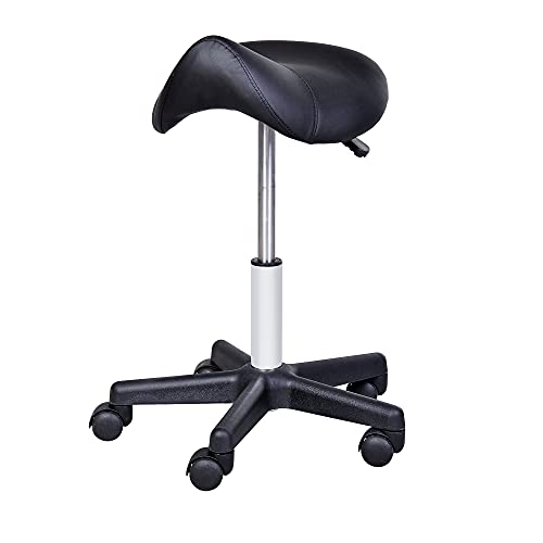 HOMCOM Rolling Saddle Stool, Swivel Salon Chair, Ergonomic Faux Leather Stool, Adjustable Height with Wheels for Spa, Salon, Massage, Office, Black