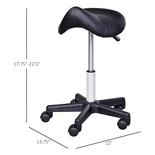 HOMCOM Rolling Saddle Stool, Swivel Salon Chair, Ergonomic Faux Leather Stool, Adjustable Height with Wheels for Spa, Salon, Massage, Office, Black