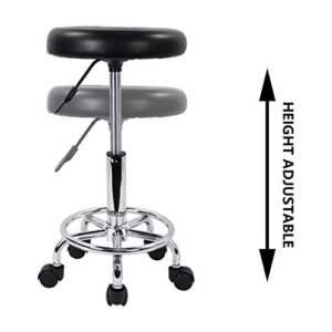 KKTONER PU Leather Modern Round Rolling Stool with Footrest Height Adjustable Spa Drafting Salon Tattoo Work Massage Stools Task Chair Small (Black)