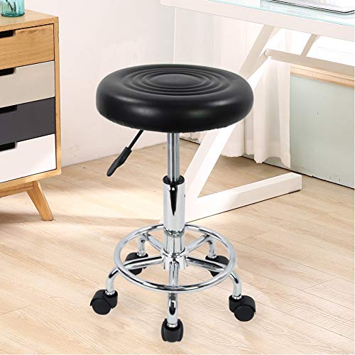 KKTONER PU Leather Modern Round Rolling Stool with Footrest Height Adjustable Spa Drafting Salon Tattoo Work Massage Stools Task Chair Small (Black)