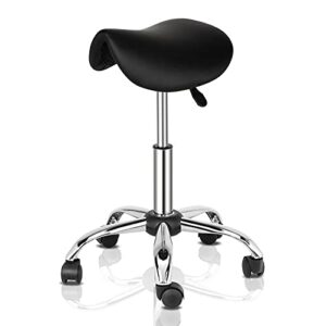 omysalon saddle stool rolling chair, ergonomic saddle chair with swivel wheels, adjustable hydraulic stylist cutting stool for tattoo facial massage salon medical spa, black