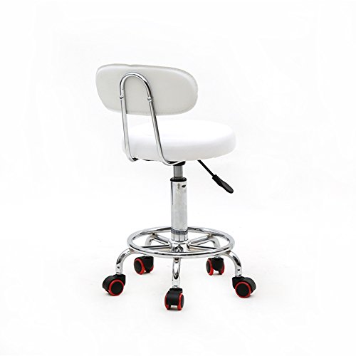 Whectin Rolling Stool Adjustable Chair with Backrest Salon Spa Stool Swivel Chair Tattoo Massage Stool with PU Cushion White