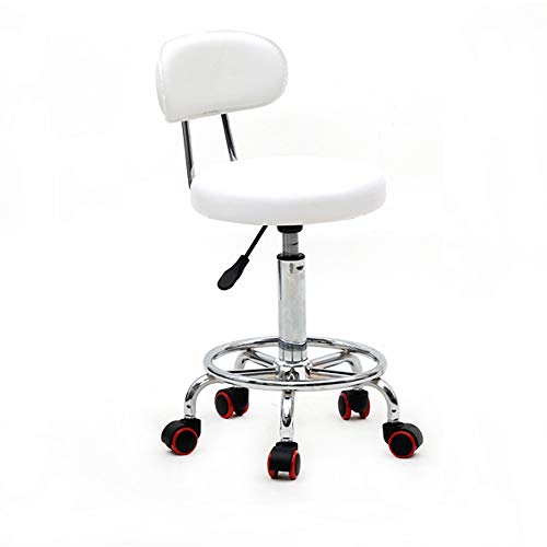 Whectin Rolling Stool Adjustable Chair with Backrest Salon Spa Stool Swivel Chair Tattoo Massage Stool with PU Cushion White