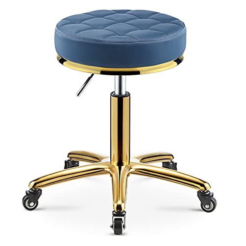 Fengflaw Rolling Stool Swivel Salon Beauty Chair Adjustment Hairdresser Round Leather Cushion with Wheels And Gold Stainless Steel Base for Spa Work Office Massage Manicure Tattoo Task Chair,Blue