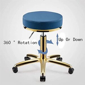 Fengflaw Rolling Stool Swivel Salon Beauty Chair Adjustment Hairdresser Round Leather Cushion with Wheels And Gold Stainless Steel Base for Spa Work Office Massage Manicure Tattoo Task Chair,Blue