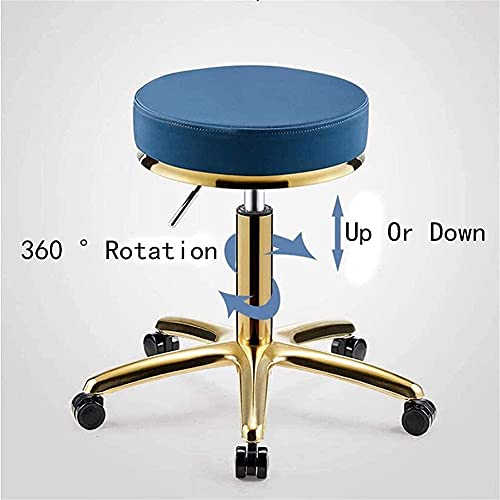 Fengflaw Rolling Stool Swivel Salon Beauty Chair Adjustment Hairdresser Round Leather Cushion with Wheels And Gold Stainless Steel Base for Spa Work Office Massage Manicure Tattoo Task Chair,Blue