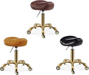 bar stool adjustable swivel lift saddle stool beauty barber shop manicure work chair with gold stainless steel base rolling dining chair desk office chair for kitchen salon,dark brown