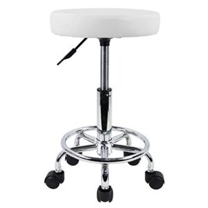 kktoner pu leather round rolling stool with foot rest swivel height adjustment spa drafting salon tattoo work office massage stools task chair white small (white)