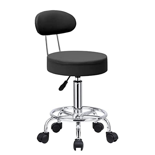 LA FEIER Adjustable Beauty Rolling Swivel Salon Cushioned Medical Stool Chair Seat with PU Leather , Footrest and Backrest , Chrome Metal Base for Drafting Massage Facial Spa Tattoo (Black)