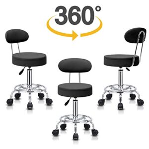 LA FEIER Adjustable Beauty Rolling Swivel Salon Cushioned Medical Stool Chair Seat with PU Leather , Footrest and Backrest , Chrome Metal Base for Drafting Massage Facial Spa Tattoo (Black)