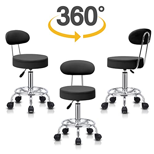 LA FEIER Adjustable Beauty Rolling Swivel Salon Cushioned Medical Stool Chair Seat with PU Leather , Footrest and Backrest , Chrome Metal Base for Drafting Massage Facial Spa Tattoo (Black)