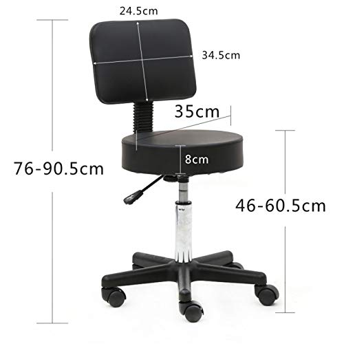 Black PU Leather Round Stool Plastic Flat Foot bar Stool with backrest,Adjustable Hydraulic Rolling Stool, Spa Drafting Salon Tattoo Work Office Massage Stools Swivel Task Chair