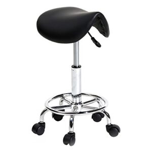 wei wei global adjustable spa stool, pu leather cushioned salon seat, rolling swivel office chair, massage barber stool on wheels for drafting tattoo beauty facial spa (saddle, black)