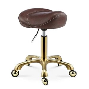 hydraulic saddle stool with wheels，industrial stool with gold frame yellow pu synthetic leather seat，adjustable height 40-66 cm，supported weight 160 kg，mechanic stoolfor hairdressing manicure tattoo