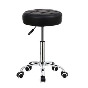 kktoner round rolling stool chair pu leather height adjustable shop stool swivel drafting work spa salon stools with wheels office chair (black)