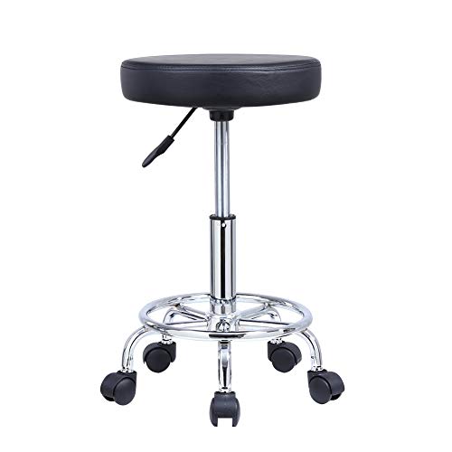 KKTONER PU Leather Round Rolling Stool with Foot Rest Swivel Height Adjustment Spa Drafting Salon Tattoo Work Office Massage Stools Task Chair Cushion 14 inches (Black)