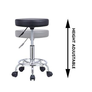 KKTONER PU Leather Round Rolling Stool with Foot Rest Swivel Height Adjustment Spa Drafting Salon Tattoo Work Office Massage Stools Task Chair Cushion 14 inches (Black)