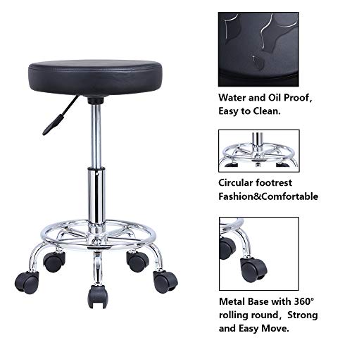 KKTONER PU Leather Round Rolling Stool with Foot Rest Swivel Height Adjustment Spa Drafting Salon Tattoo Work Office Massage Stools Task Chair Cushion 14 inches (Black)