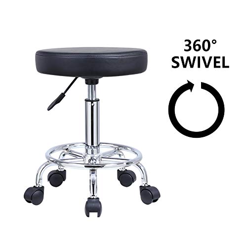 KKTONER PU Leather Round Rolling Stool with Foot Rest Swivel Height Adjustment Spa Drafting Salon Tattoo Work Office Massage Stools Task Chair Cushion 14 inches (Black)