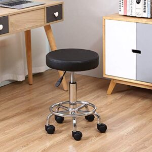 KKTONER PU Leather Round Rolling Stool with Foot Rest Swivel Height Adjustment Spa Drafting Salon Tattoo Work Office Massage Stools Task Chair Cushion 14 inches (Black)