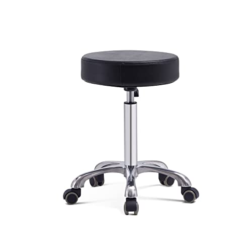 Grace & Grace Height Adjustable Rolling Swivel Stool Chair with Wheels and Round Seat Heavy Duty Metal Base for Salon,Massage, Factory, Shop (No Backrest with Casters-Classic Flat,Black)