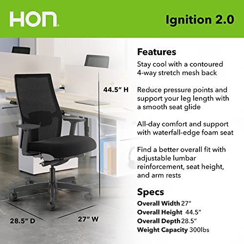 HON Ignition 2.0 Ergonomic Office Chair Mesh Back Computer Desk Chair - Synchro-Tilt Recline, Lumbar Support, Swivel Wheels, Comfortable for Long Hours in Home Office & Task Work, Executive - Grey