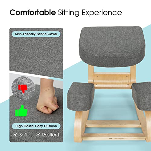 Giantex Kneeling Chair, Wood Posture Chair w/Soft Cushion, Natural Relief for Back, Shoulder or Neck Pain, Ergonomic Kneeling Desk Chair for Office Home, Grey