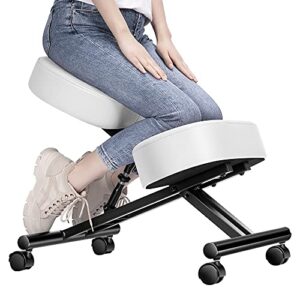 ergonomic kneeling chair adjustable stool with thick foam cushions and smooth gliding casters for home, white