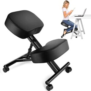 kneeling chair ergonomic for office, adjustable stool for home and office – improve your posture with an angled seat – thick comfortable moulded foam cushions – brake and smooth gliding casters