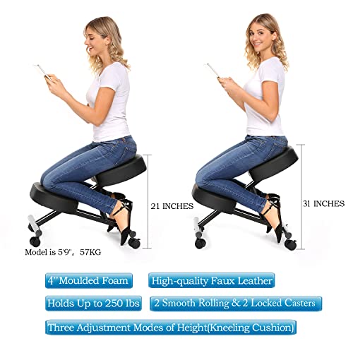 Kneeling Chair Ergonomic for Office, Adjustable Stool for Home and Office - Improve Your Posture with an Angled Seat - Thick Comfortable Moulded Foam Cushions - Brake and Smooth Gliding Casters