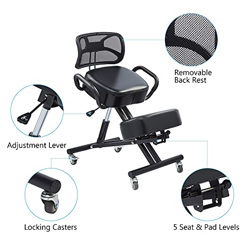 VONOYA Kneeling Chair with Back Support | Ergonomic Office Chair for Home or Office Desk | Adjustable Posture-Improving Desk Chair with Wheels and Thick Cushions, Black