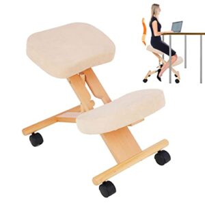 oxfield ergonomic kneeling chair,adjustable kneeling stool for home and office,wooden kneeling chair with 3”thick comfortable cushions& smooth-moving wheels