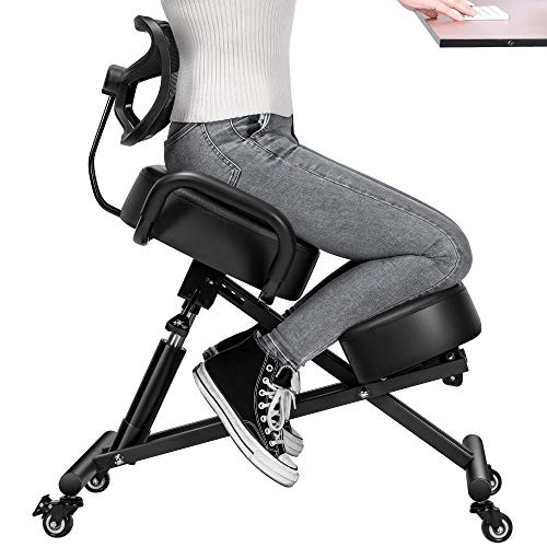 Ergonomic Kneeling Chair with Backrest Adjustable Height with Thick and Comfortable Cushion and Smooth Gliding Casters Correct Sitting Posture Suitable for Home Black