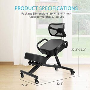 Ergonomic Kneeling Chair with Backrest Adjustable Height with Thick and Comfortable Cushion and Smooth Gliding Casters Correct Sitting Posture Suitable for Home Black