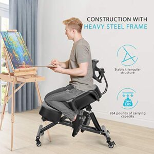 Ergonomic Kneeling Chair with Backrest Adjustable Height with Thick and Comfortable Cushion and Smooth Gliding Casters Correct Sitting Posture Suitable for Home Black