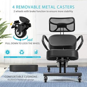 Ergonomic Kneeling Chair with Backrest Adjustable Height with Thick and Comfortable Cushion and Smooth Gliding Casters Correct Sitting Posture Suitable for Home Black