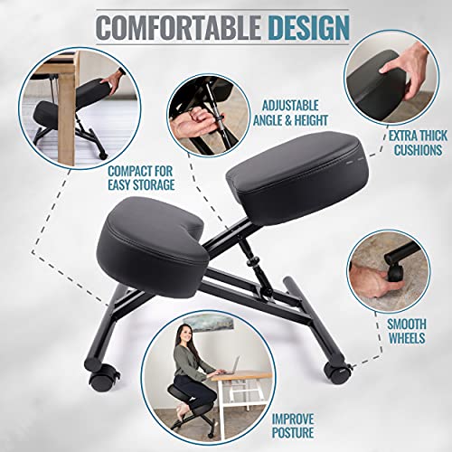 Ergonomic Kneeling Chair Home Office Chairs Thick Cushion Pad Flexible Seating Rolling Adjustable Work Desk Stool Improve Posture Now & Neck Pain - Comfortable Knees and Straight Back