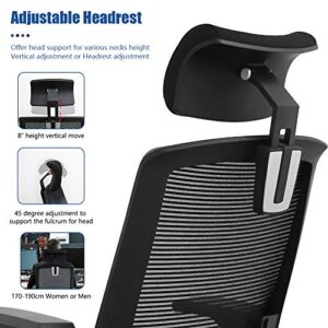 Ergonomic Office Chair, High Back Desk Chair, Adjustable Home Office Mesh Chair with Headrest Lifted Armrest, Reclining Rolling Task Computer Chair