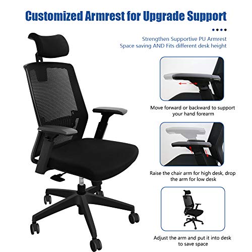 Ergonomic Office Chair, High Back Desk Chair, Adjustable Home Office Mesh Chair with Headrest Lifted Armrest, Reclining Rolling Task Computer Chair