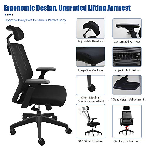 Ergonomic Office Chair, High Back Desk Chair, Adjustable Home Office Mesh Chair with Headrest Lifted Armrest, Reclining Rolling Task Computer Chair