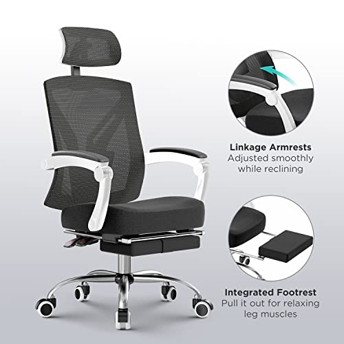 Hbada Ergonomic Office Chair High Back Desk Chair Recliner Chair with Lumbar Support Height Adjustable Seat, Headrest- Breathable Mesh Back Soft Foam Seat Cushion with Footrest, White