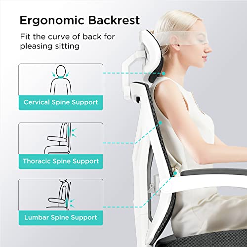 Hbada Ergonomic Office Chair High Back Desk Chair Recliner Chair with Lumbar Support Height Adjustable Seat, Headrest- Breathable Mesh Back Soft Foam Seat Cushion with Footrest, White