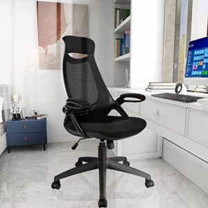 hylone office desk chair ergonomic, mesh computer chair with headrest, flip up arms, lumbar support, height adjustable (black)