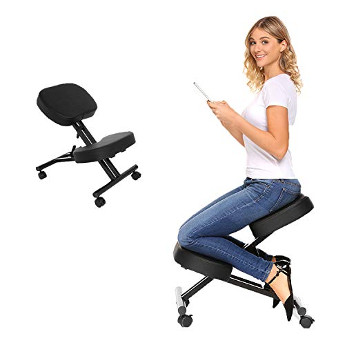 BATHWA Ergonomic Kneeling Chair, Posture Corrective Chair, Angled Kneeling Chair, Adjustable Stool with Moulded Foam Cushion and Caster for Home & Office