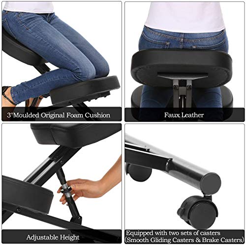 BATHWA Ergonomic Kneeling Chair, Posture Corrective Chair, Angled Kneeling Chair, Adjustable Stool with Moulded Foam Cushion and Caster for Home & Office