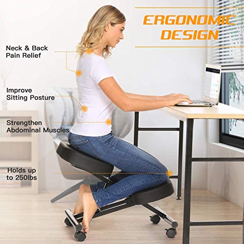 BATHWA Ergonomic Kneeling Chair, Posture Corrective Chair, Angled Kneeling Chair, Adjustable Stool with Moulded Foam Cushion and Caster for Home & Office