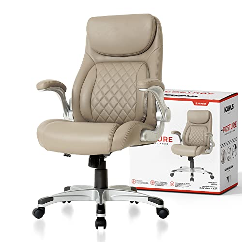 Nouhaus +Posture Ergonomic PU Leather Office Chair. Click5 Lumbar Support with FlipAdjust Armrests. Modern Executive Chair and Computer Desk Chair (Taupe)